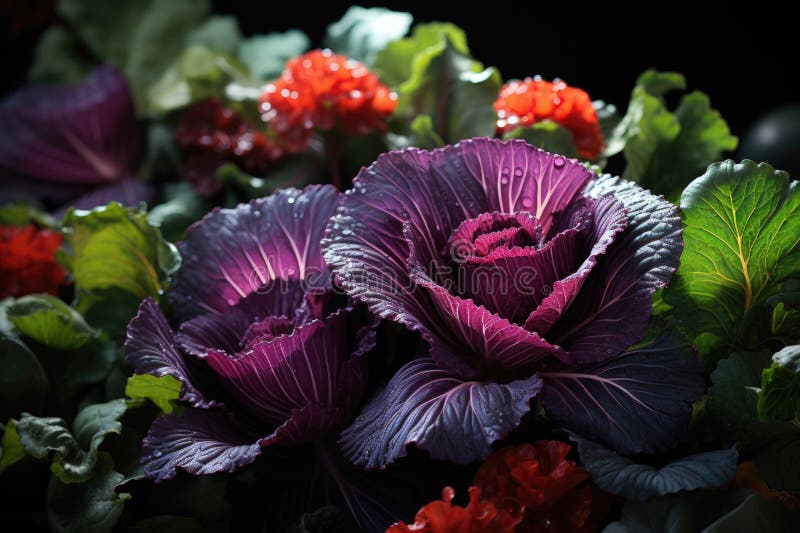 Colorful Cabbage Cabins and Green Leaves on Gray Back Stock ...