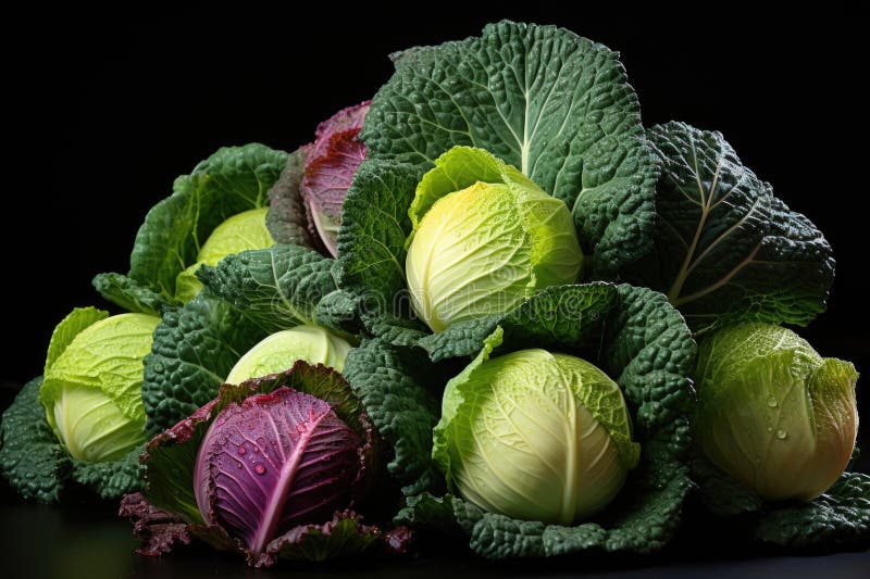 Colorful Cabbage Cabins and Green Leaves on Gray Back Stock ...