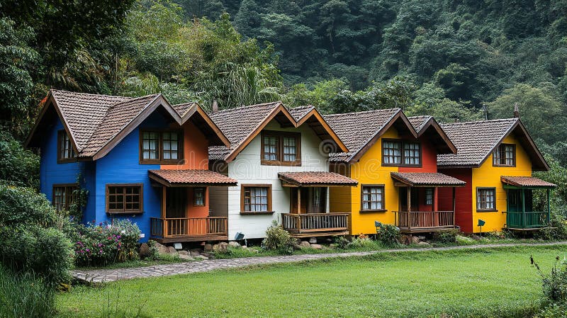 Colorful Cabins Nestled in a Lush Forest Stock Illustration ...
