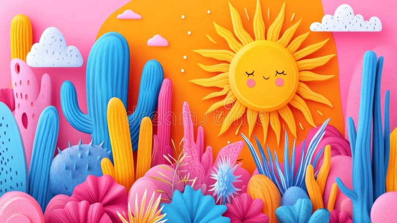 Colorful Cactus Desert Landscape with Smiling Sun Stock Illustration ...