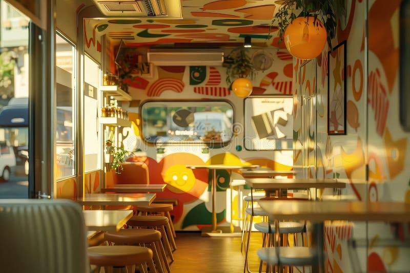 Colorful Cafe Interior with Wooden Tables and Stools Stock Illustration ...