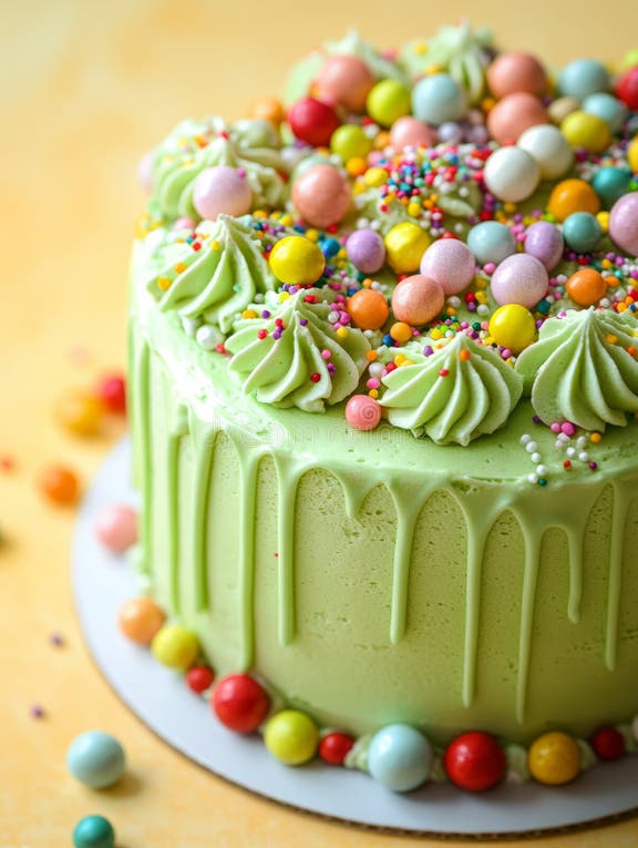 Colorful Cake with Drip Icing and Candy Decorations. Stock Image ...