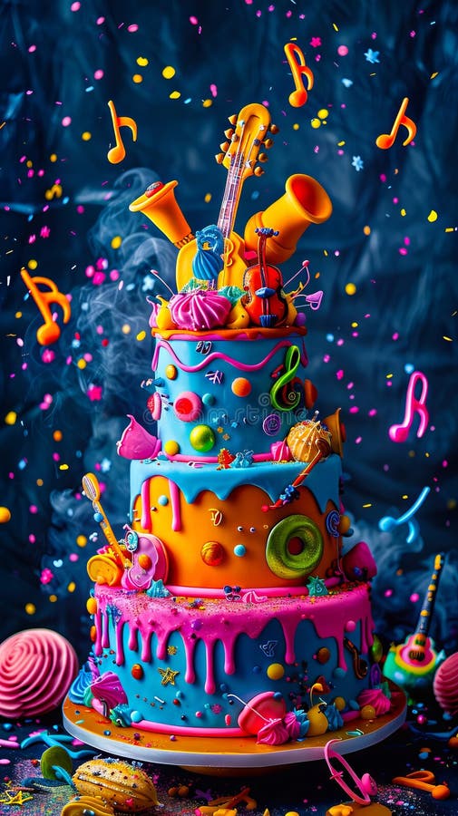 A Colorful Cake with Music Notes and Confetti Stock Image - Image of ...