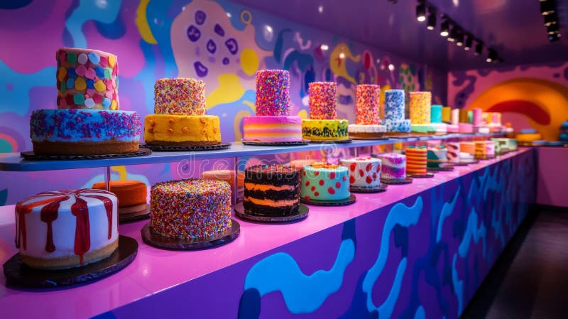 Colorful Cakes Display in Modern Bakery Stock Illustration ...