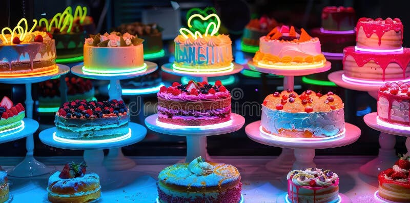 Colorful Cakes with Neon Lights on Display Stands Stock Illustration ...