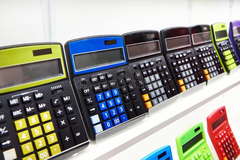 Colorful Calculators on Showcase in Stationery Store Stock Image ...