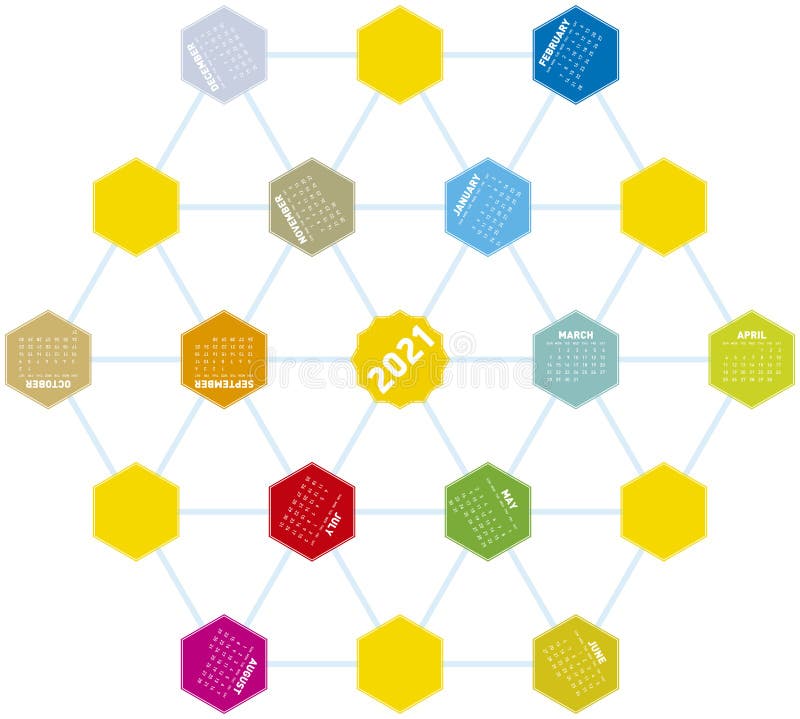 Colorful Calendar Design for Year 2021 in an Hexagonal Pattern. Stock ...