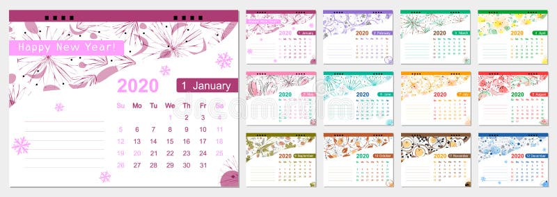 Colorful Calendar for 2020. Desk Calendar for Office, on a White ...