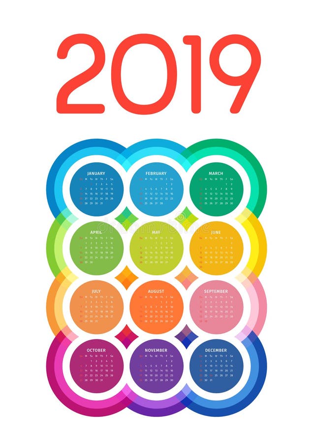 Colorful 2019 Calendar of Multicolored Circles with Edging on White ...