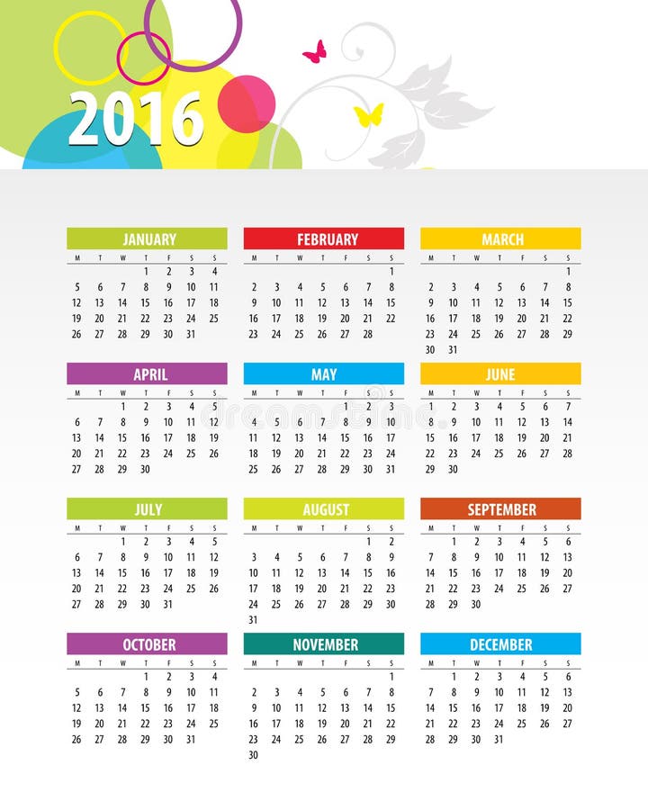 Colorful 2016 Calendar. stock vector. Illustration of calendar - 60444318