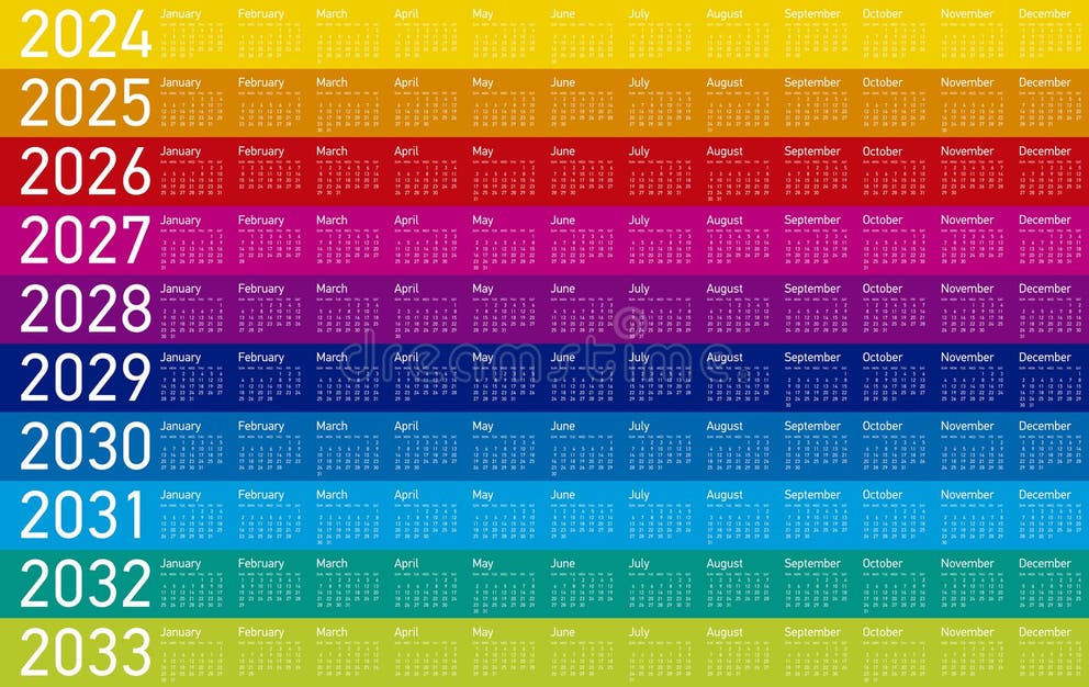 Colorful Calendar for Years 2024 To 2033 Stock Vector - Illustration of ...