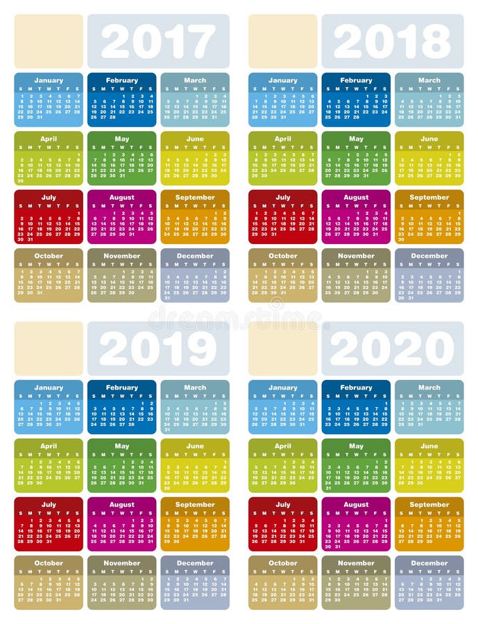 Colorful Calendar for Years 2017, 2018, 2019 and 2020 Stock Vector ...