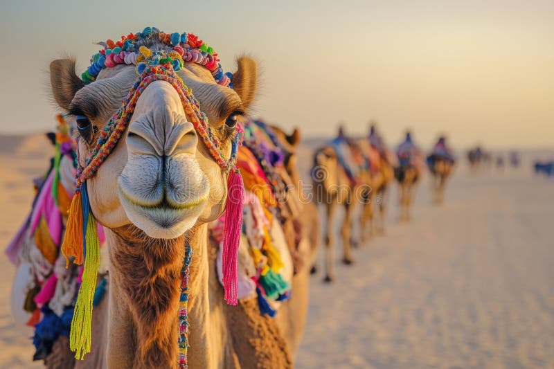 Colorful Camel Leads the Procession on an Ancient Desert Path at Sunset ...