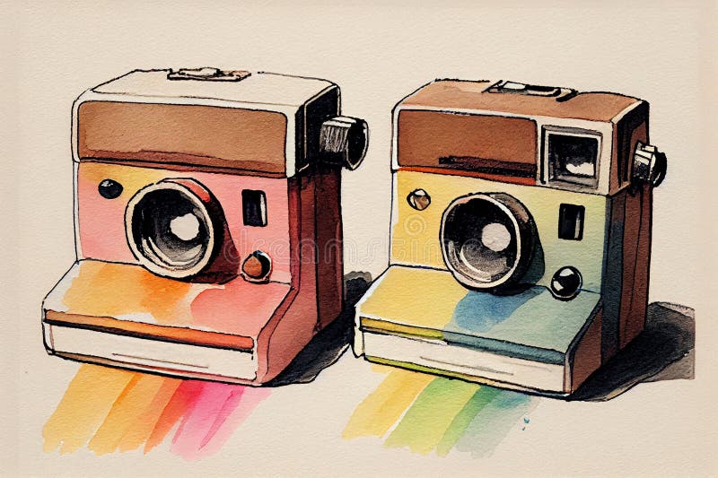 Colorful Cameras Drawing with Bit of Watercolour Stock Illustration ...