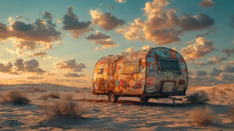 A Colorful Camper Van in the Desert Under a Beautiful Cloudy Sunset Sky ...