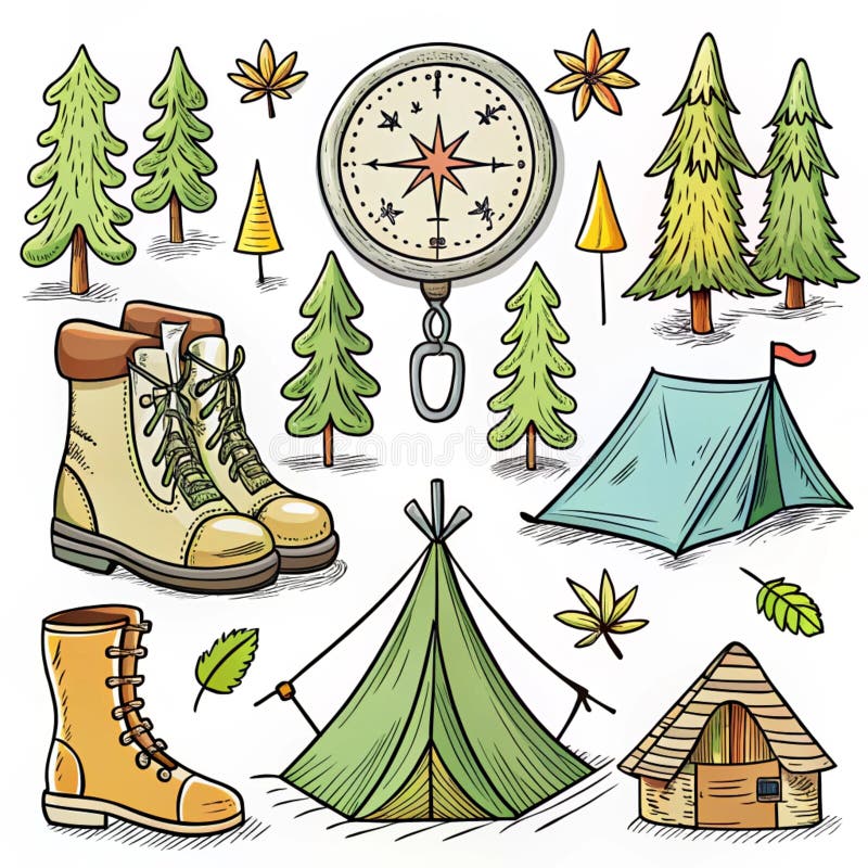 Colorful Camping and Hiking Themed Illustrations Stock Photo - Image of ...