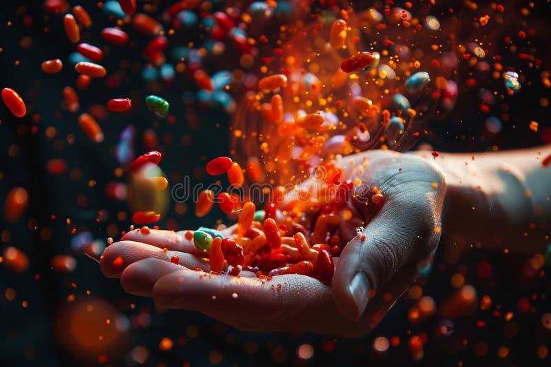 Colorful Candies Exploding from a Hand, Creating a Dynamic and Joyful ...