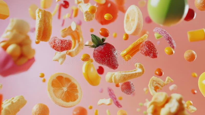 Colorful Candies and Fruit Falling on Pink Background Stock ...