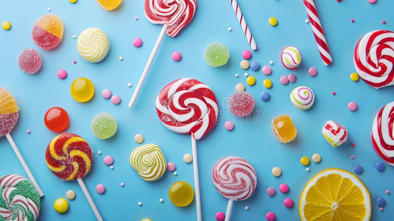 Colorful Candies and Lollipops on a Blue Background Stock Illustration ...