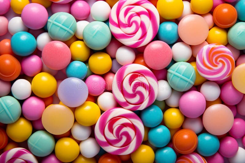 Colorful Candies and Lollipops on Blue Background. Top View Stock ...