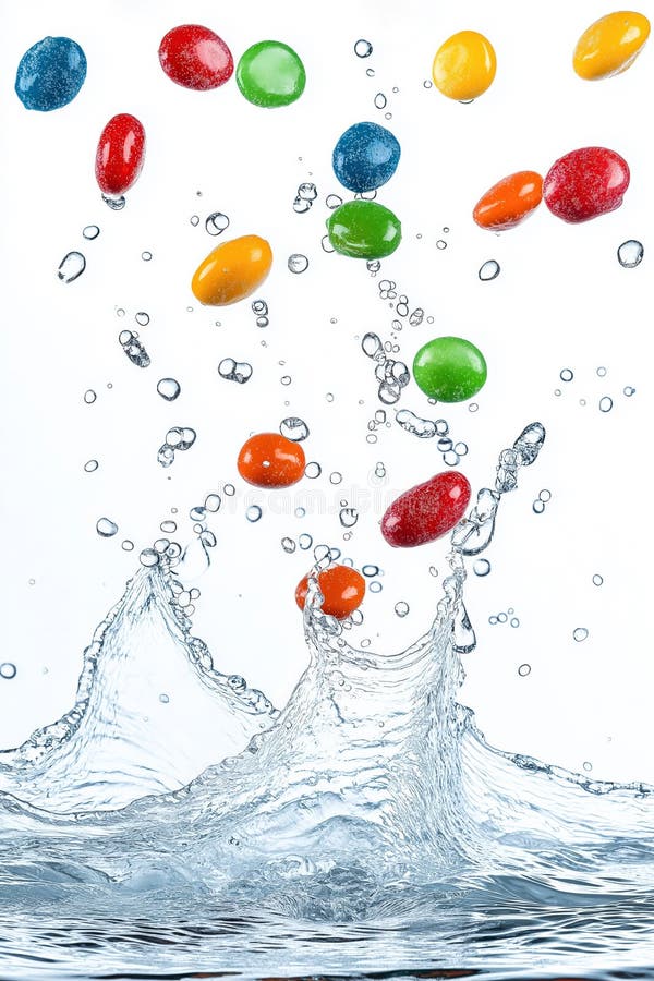 Colorful Candies Splashing into Water Making a Big Splash Stock ...