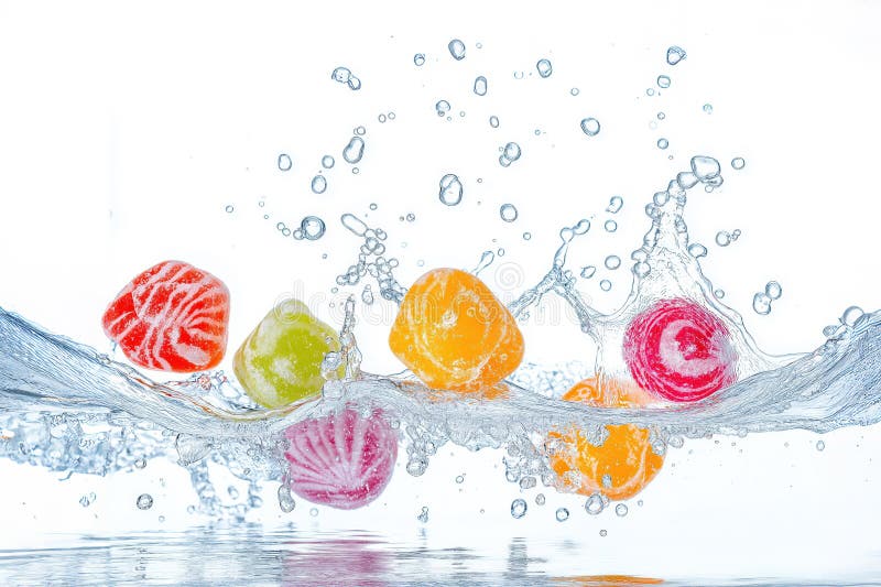 Colorful Candies Splashing into Water on White Background Stock ...