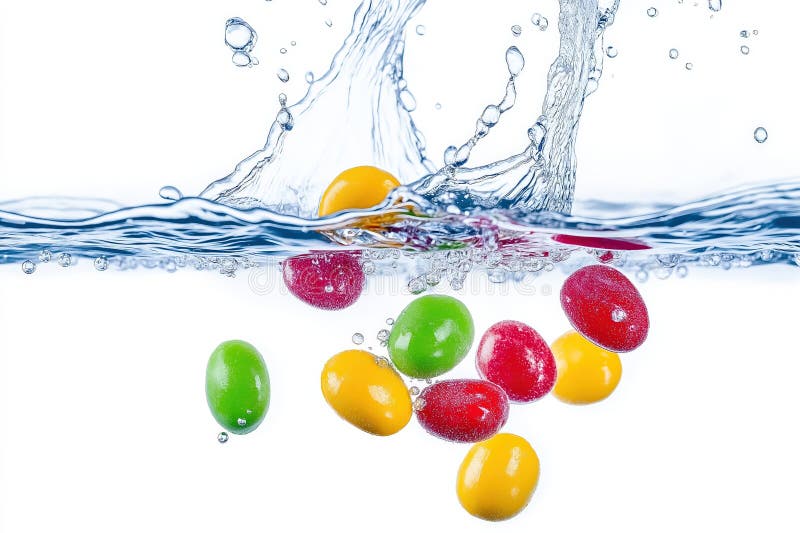 Colorful Candies Splashing into Water on White Background Stock ...