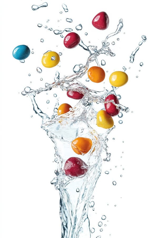 Colorful Candies Splashing into Water on White Background Stock ...