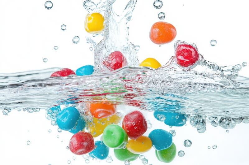 Colorful Candies Splashing into Water on White Background Stock ...