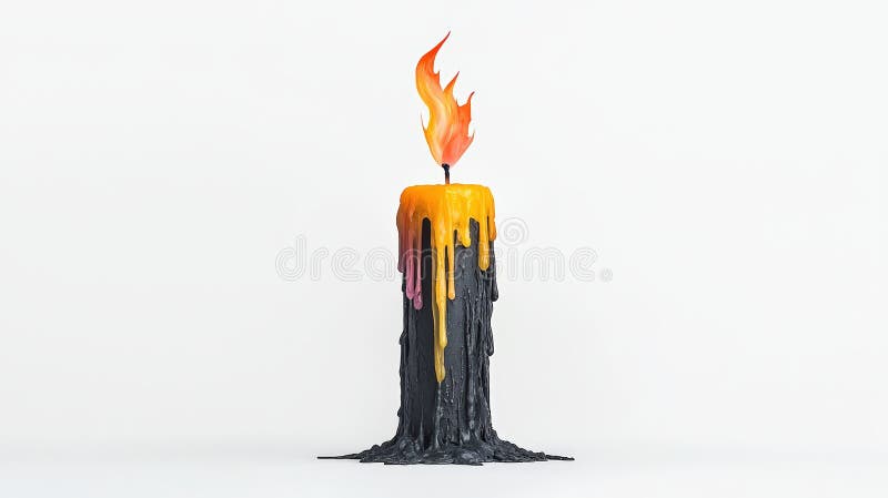 Colorful Candle with Dripping Wax and Flame on White Isolated ...