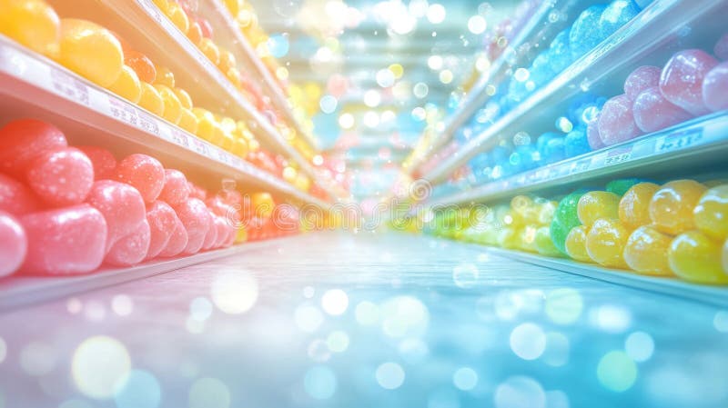 Colorful Candy Aisle with Blurred Bokeh Lights Stock Illustration ...