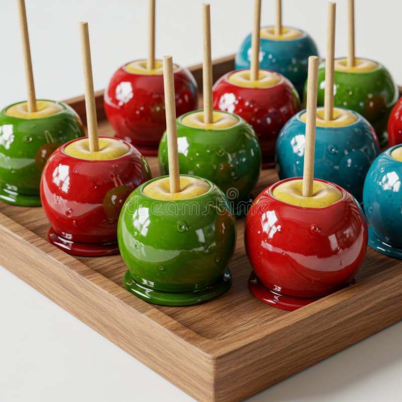 Colorful Candy Apples on Wooden Tray Stock Illustration - Illustration ...