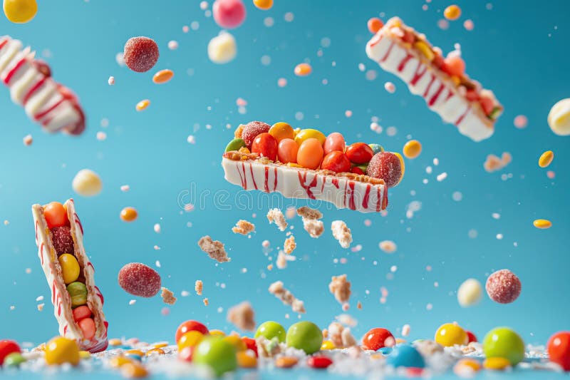 Colorful Candy Bars Exploding in Midair on Blue Background Stock ...