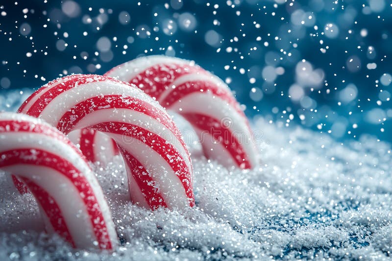 Colorful Candy Canes in Snow with Falling Snowflakes Create Festive ...