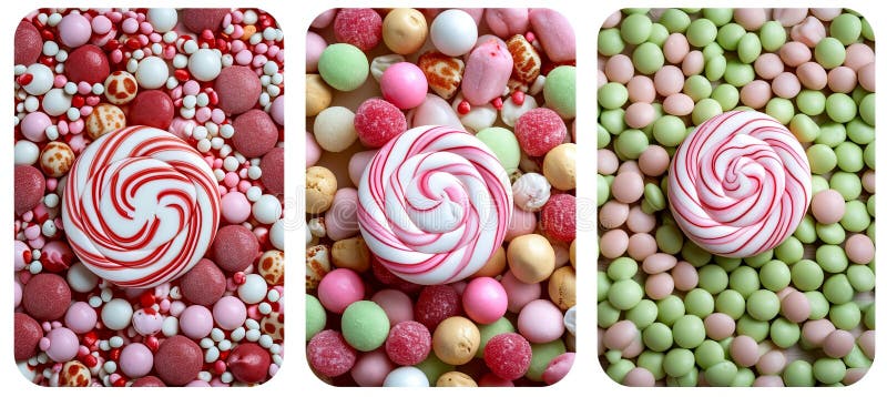 Colorful Candy Collage with White Vertical Divisions, Illuminated by ...