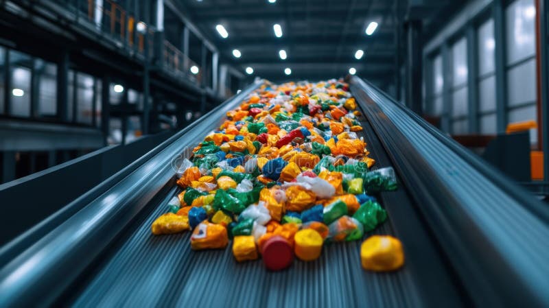 Colorful Candy on Conveyor Belt in Factory Setting with Modern ...