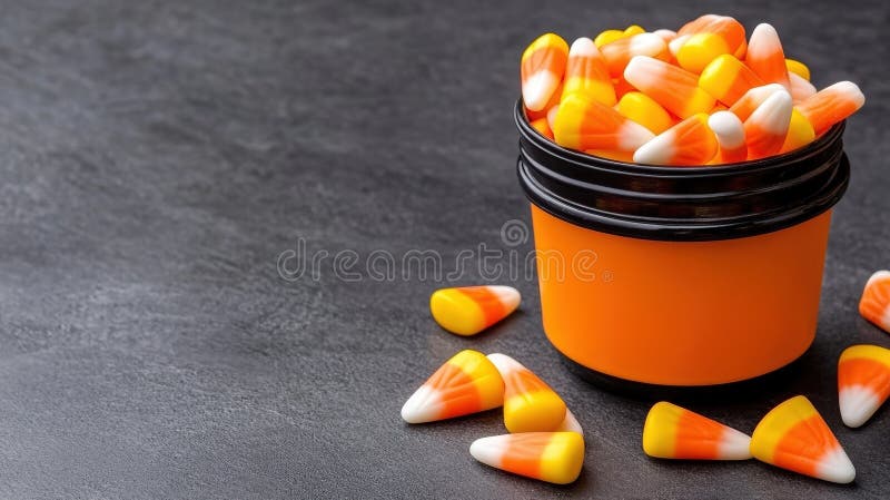 Colorful Candy Corn in a Black Bucket on Dark Surface Stock ...