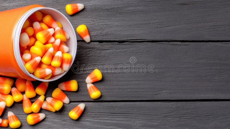 Colorful Candy Corn Spilling from a Container Onto a Wooden Surface ...