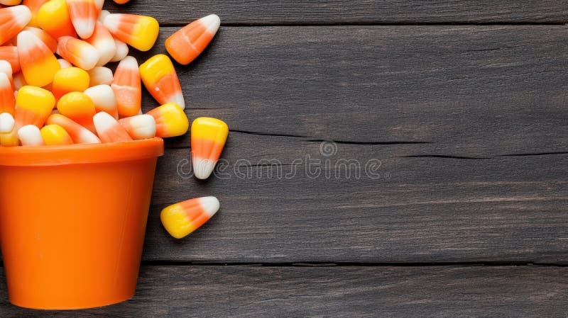 Colorful Candy Corns Spilling from an Orange Pot on a Wooden Surface ...