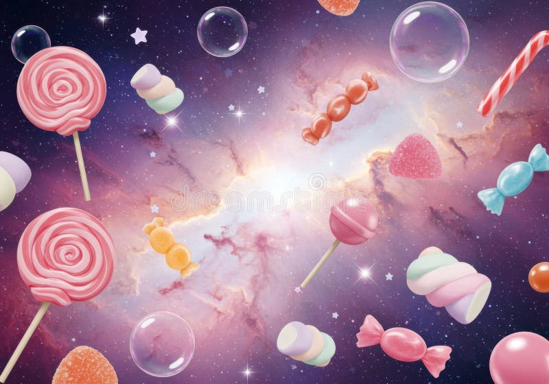 Colorful Candy and Cosmic Galaxy Background with Lollipops and Sweets ...
