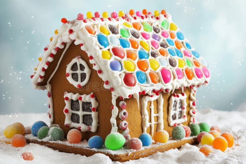 Colorful Candy-Decorated Gingerbread House in Snowy Setting Stock ...