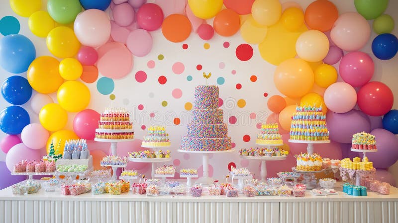 Colorful Candy Dessert Table, Balloon Background, Party Stock Photo ...