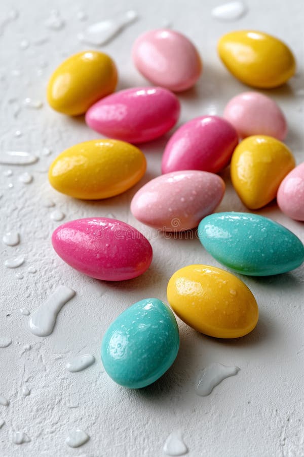 Colorful Candy Eggs Scattered on Grey Surface with Water Droplets ...