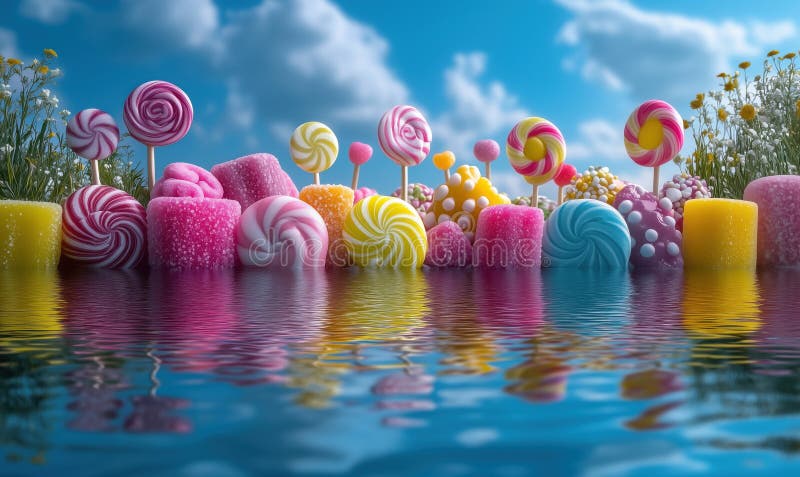 Colorful Candy Landscape with Lollipops and Marshmallows Reflecting in ...