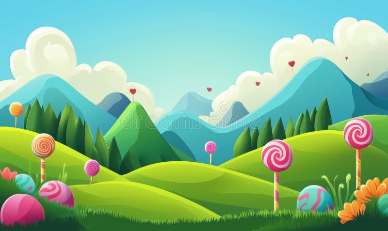 Colorful Candy Landscape with Mountains and Vibrant Hills Under Blue ...