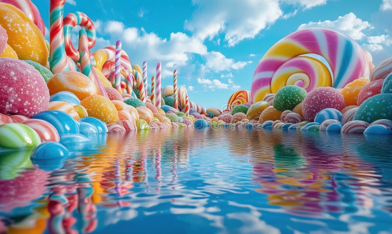 Colorful Candy Landscape with Vibrant Sweets and Reflections in Water ...