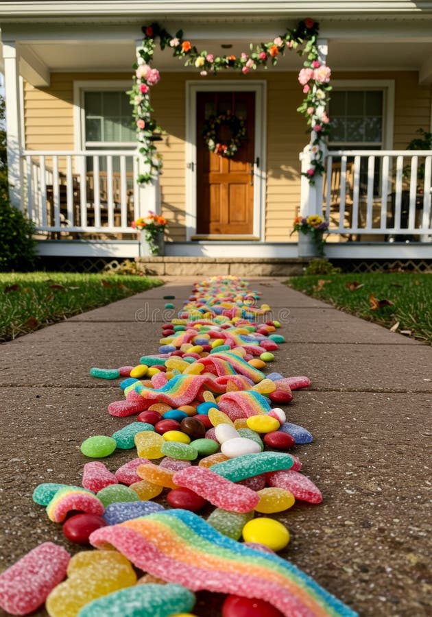 Colorful Candy Path Leading To a Flower-Decorated House Stock ...
