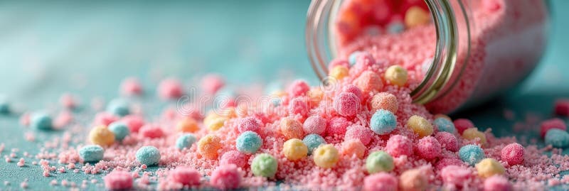 Colorful Candy Pellets and Sugar Spilling from Jar Onto Turquoise ...