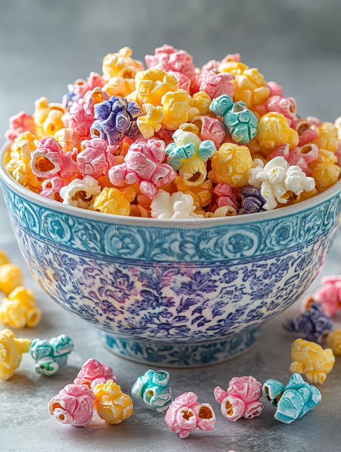 Colorful Candy Popcorn in an Ornate Blue Ceramic Bowl. Stock Image ...