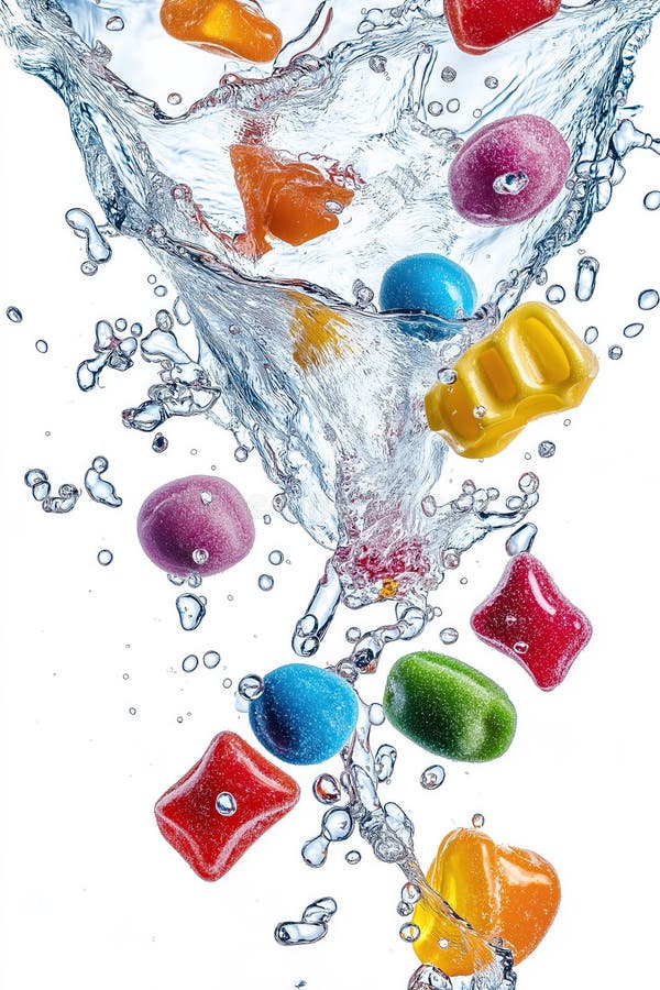 Colorful Candy Splashing in Water with Bubbles on White Background ...